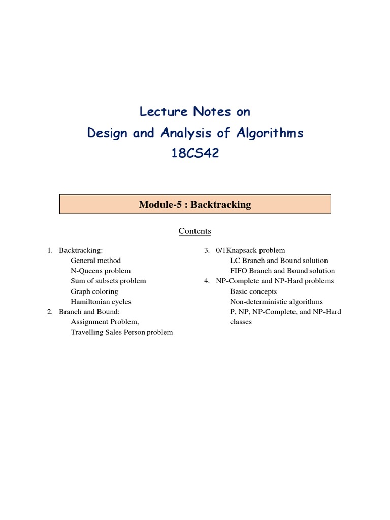 Lecture Notes On Design And Analysis Of Algorithms 18cs42 Module 5 Backtracking Pdf Time