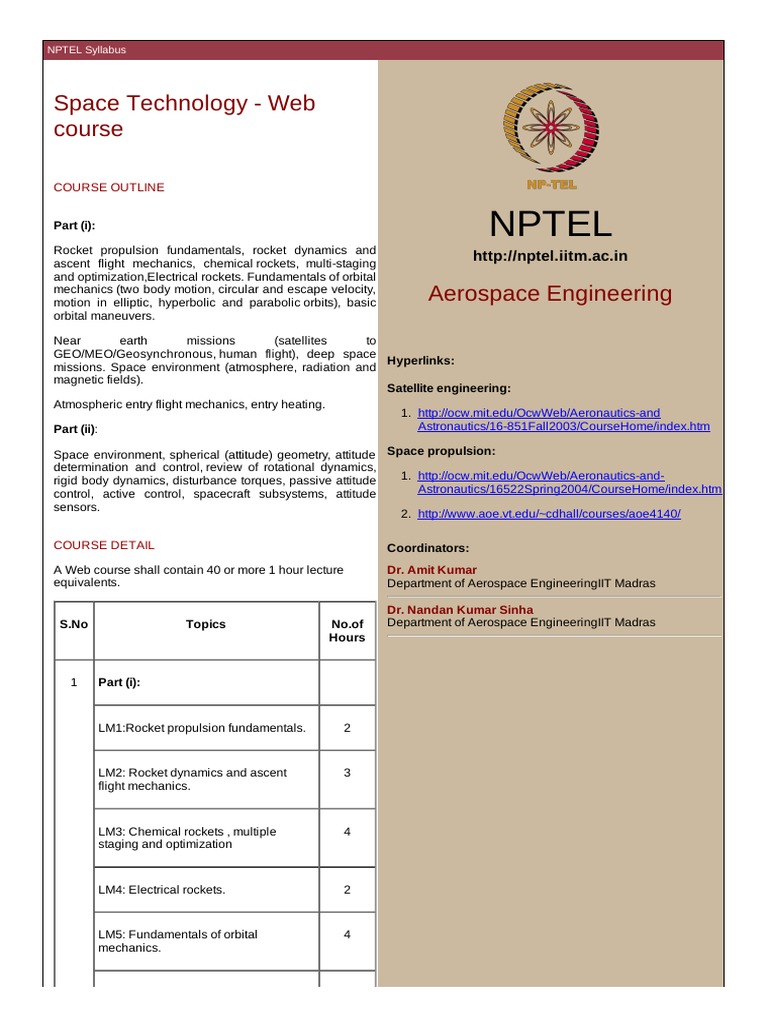 Nptel: Space Technology - Web Course | PDF | Attitude Control ...