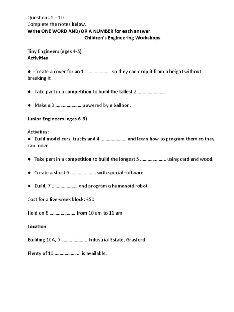 Write ONE WORD AND/OR A NUMBER For Each Answer. Children's Engineering ...