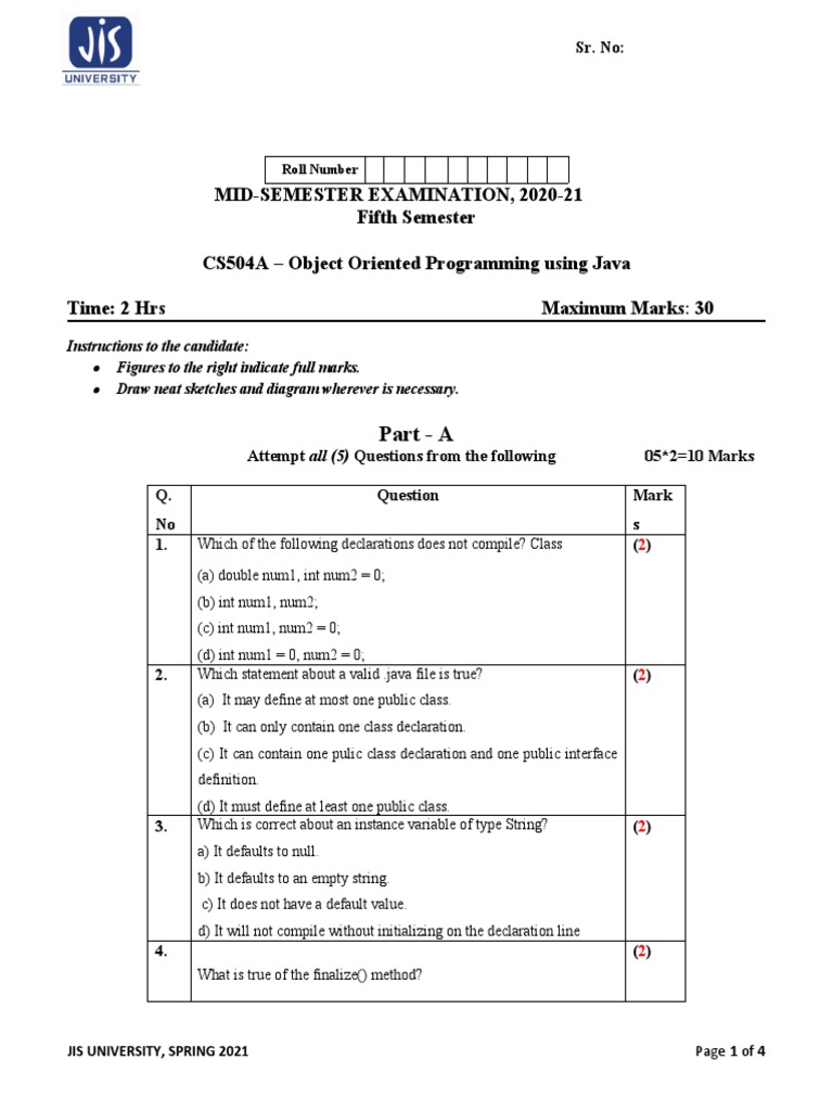 CS504A - Object Oriented Programming Using Java - MidTermQuestions ...
