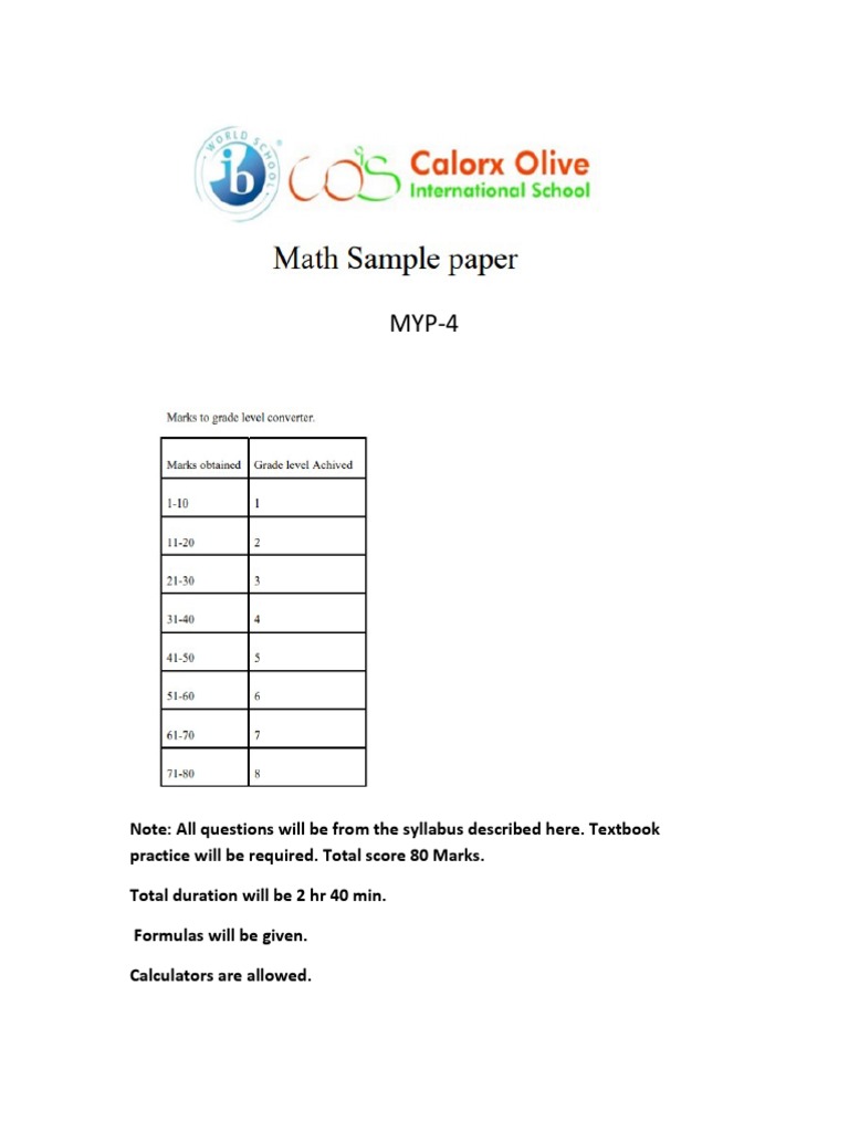 Myp 4 Math Sample Paper | PDF