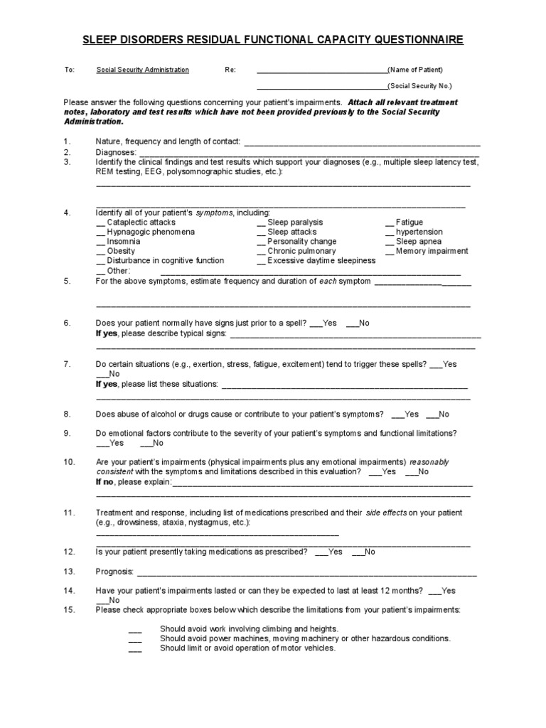 Sleep Disorders Residual Functional Capacity Questionnaire | PDF ...