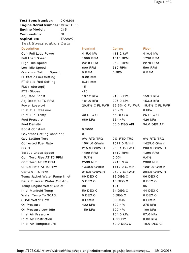 CAT Test Spec (Parameters) | PDF | Turbocharger | Mechanical Engineering