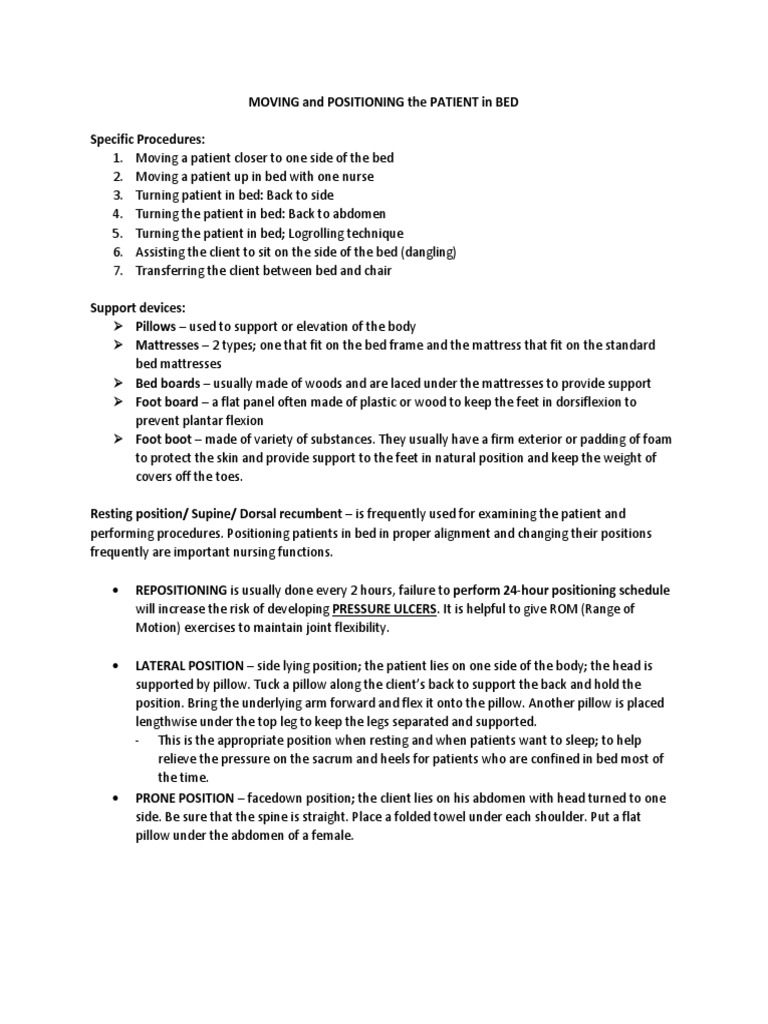 Moving and Positioning The Patient in Bed Specific Procedures | PDF ...