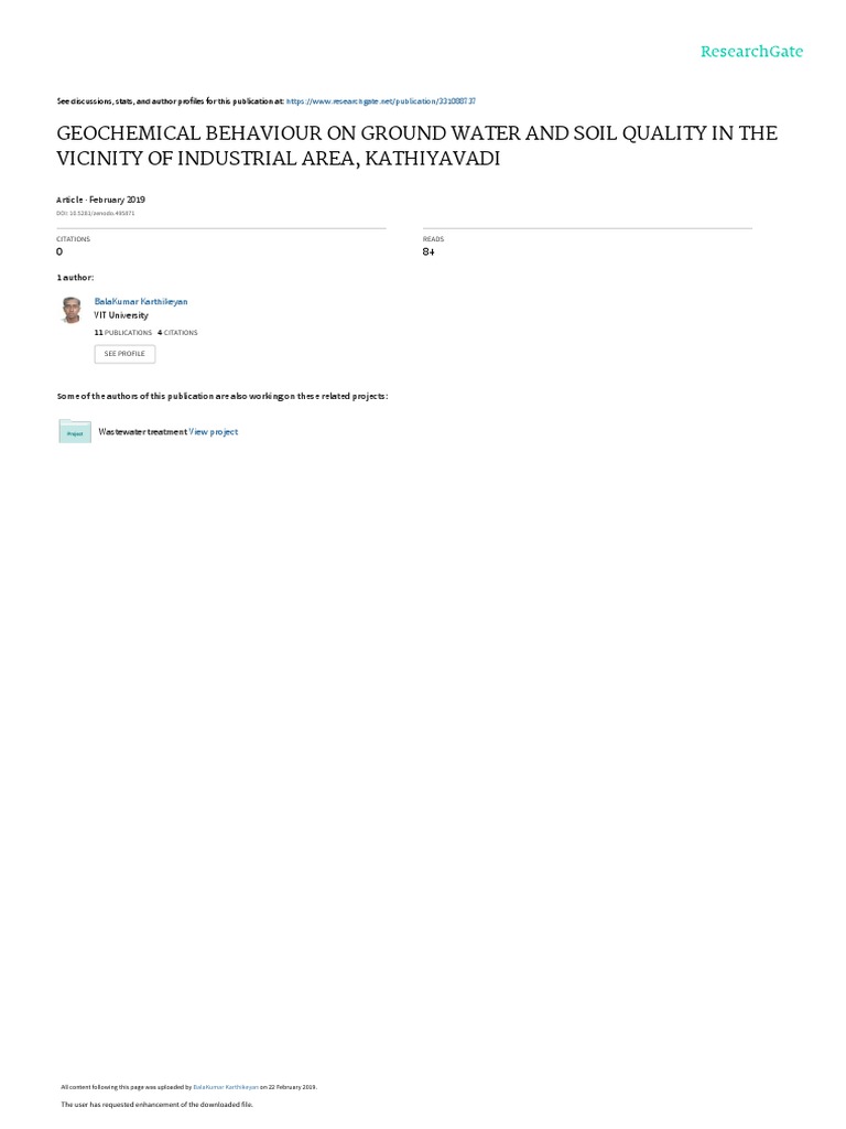 Geochemical Behaviour On Ground Water and Soil Quality in The Vicinity ...