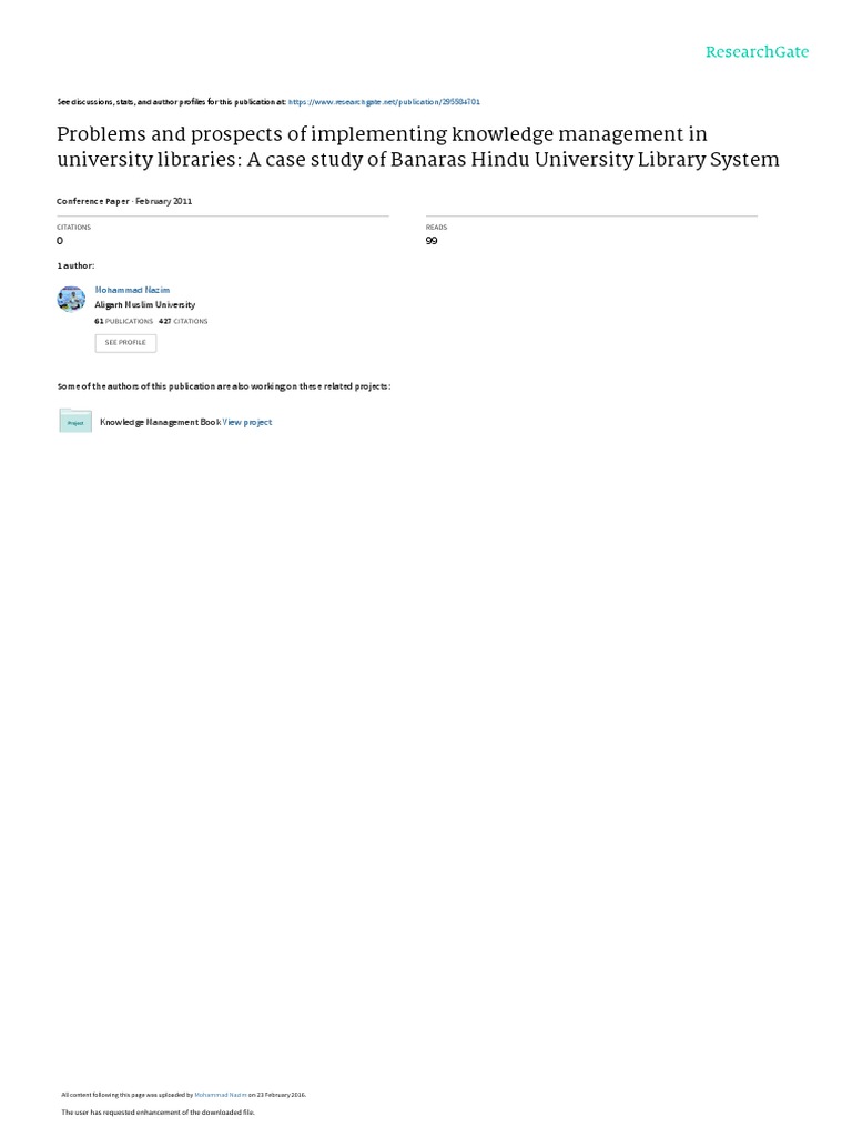 Problems and Prospects of Implementing Knowledge Management in University Libraries: A Case ...