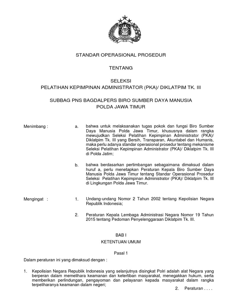 SOP Seleksi Pelatihan PKA Polda Jatim | PDF