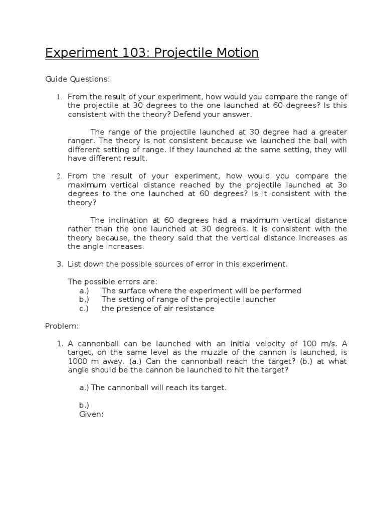 Experiment 103 Projectile Motion | PDF | Mechanics | Applied And ...