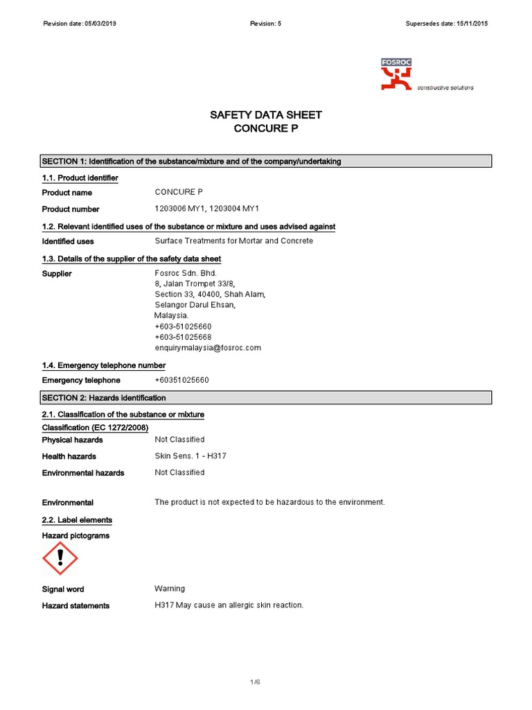 Safety Data Sheet Concure P: Revision Date: 05/03/2019 Revision: 5 ...