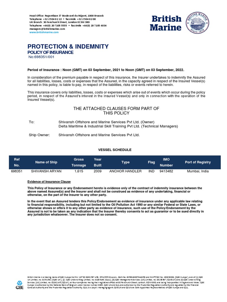 23a P&I Policy | PDF | Insurance | Indemnity