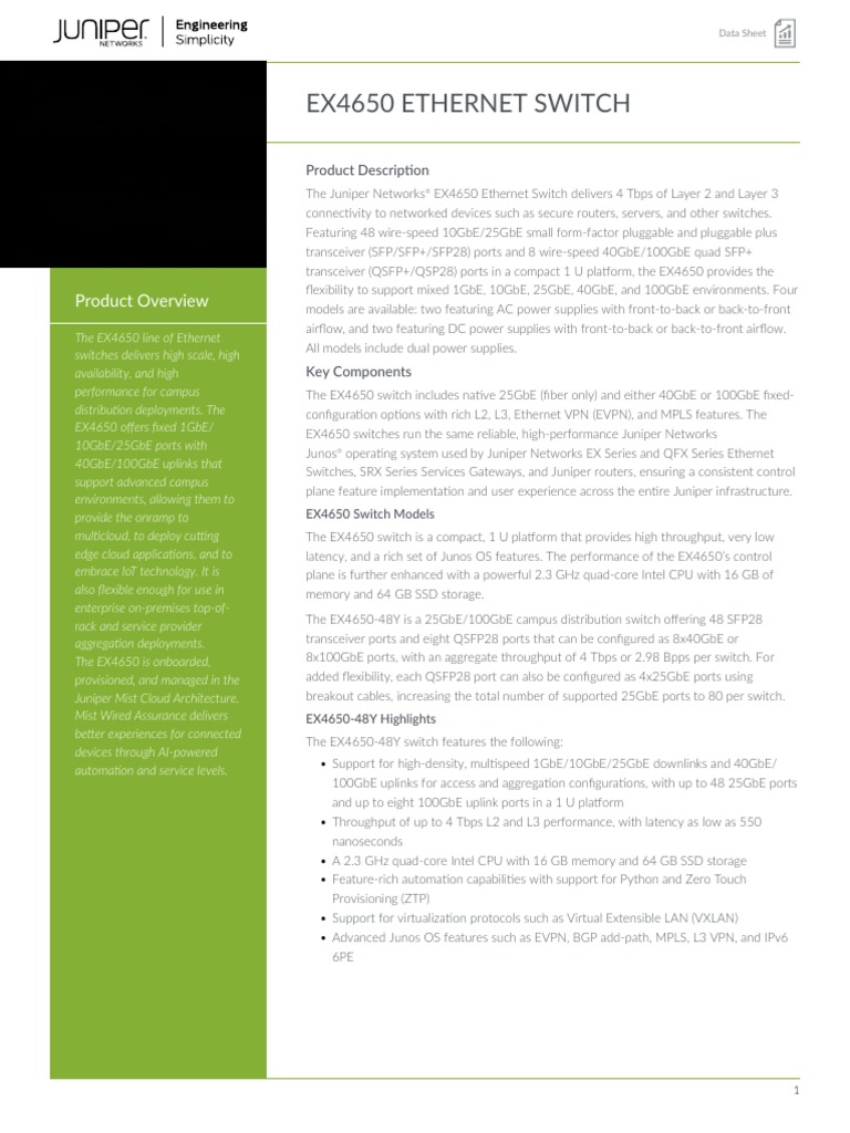 Juniper Networks EX4650 Ethernet Switch | PDF | Networking | Multiprotocol Label Switching