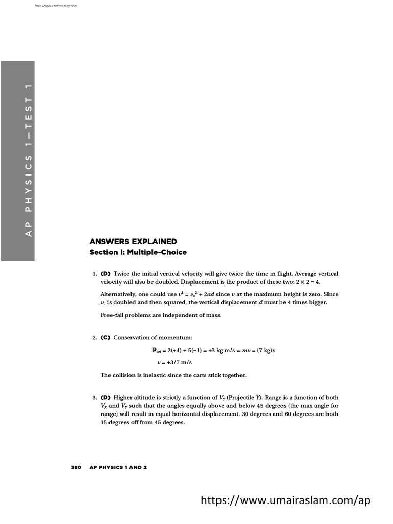 AP Physics 1 Practice Test 1 Answer Explanations | PDF | Force | Mass