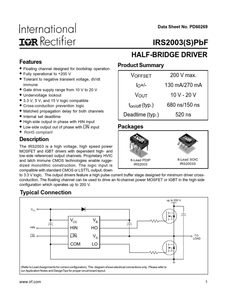 Irs2003 (S) PBF: Half-Bridge Driver | PDF | Logic Gate | Cmos