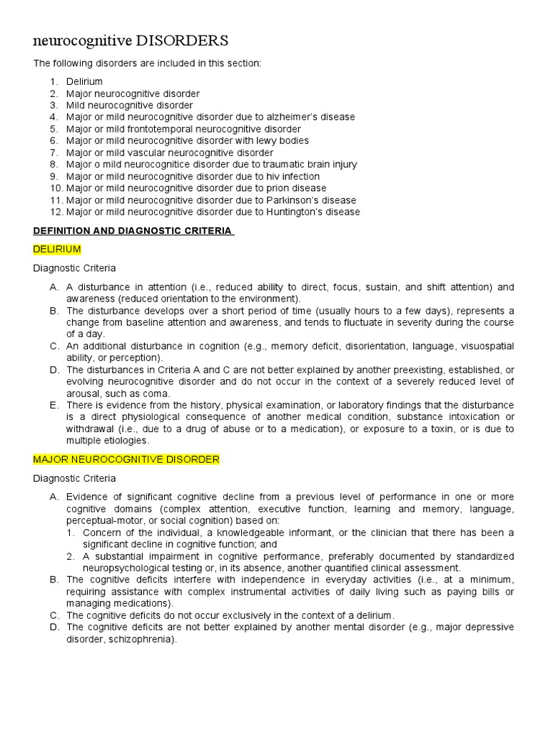 Neurocognitive DISORDERS: Definition and Diagnostic Criteria | PDF ...