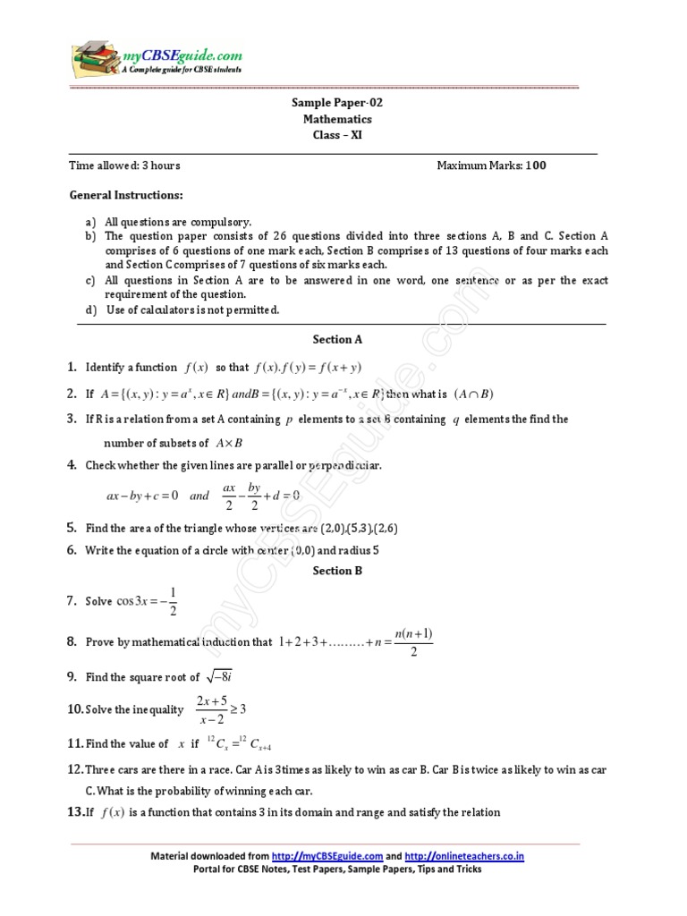 2016 11 Sample Paper Mathematics 02 | PDF | Mean | Function (Mathematics)