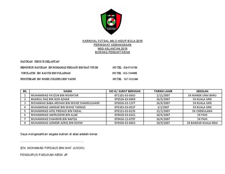 Borang Pendaftaran Karnival Futsal Milo Hidup Bola 2019 | PDF