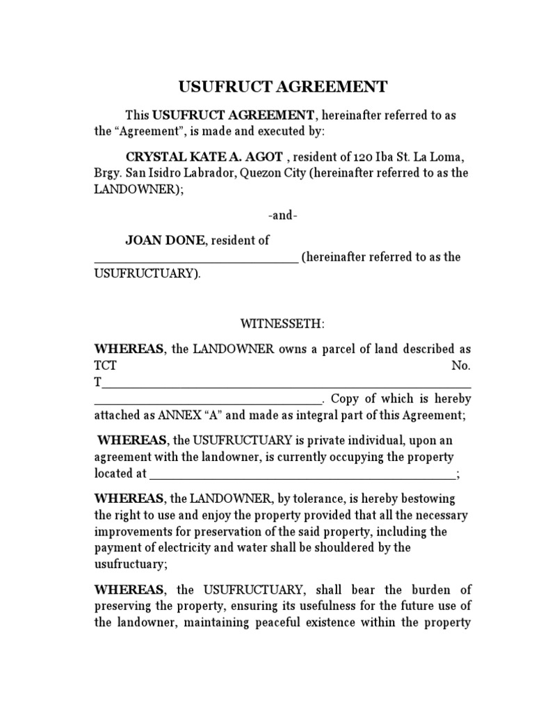 Usufruct Agreement Sample Form | PDF | Property | Government