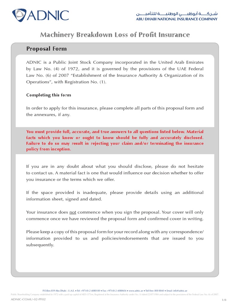 Machinery Breakdown Loss of Profit Insurance Proposal Form | PDF ...