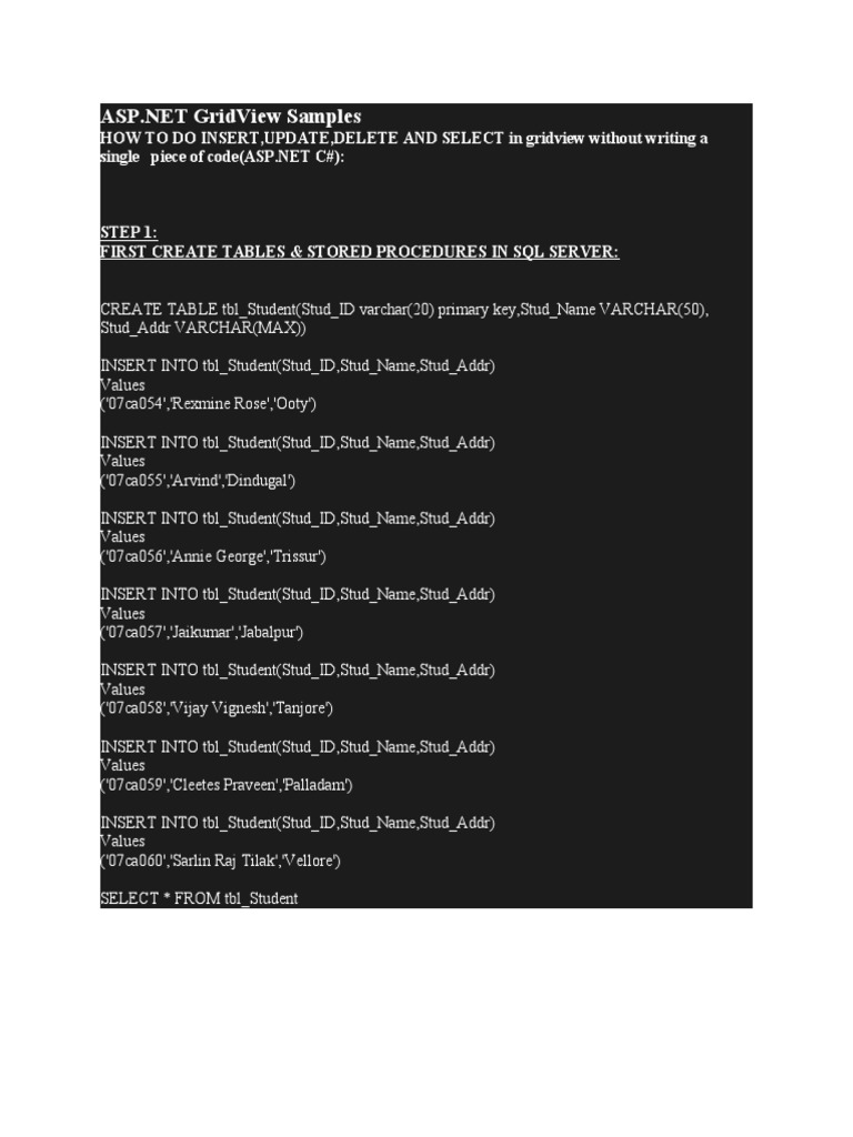 HOW TO DO INSERT, UPDATE, DELETE AND SELECT in Gridview Without Writing A | PDF | Active Server ...