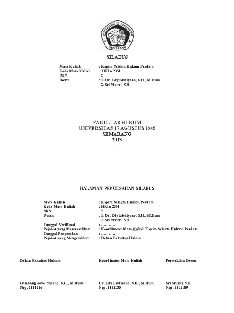 Silabus Ntag Mata Kuliah Kapita Selekta Hukum Perdata Kode Mata Kuliah Hkin 2051 Sks 2 1 DR Edy ...
