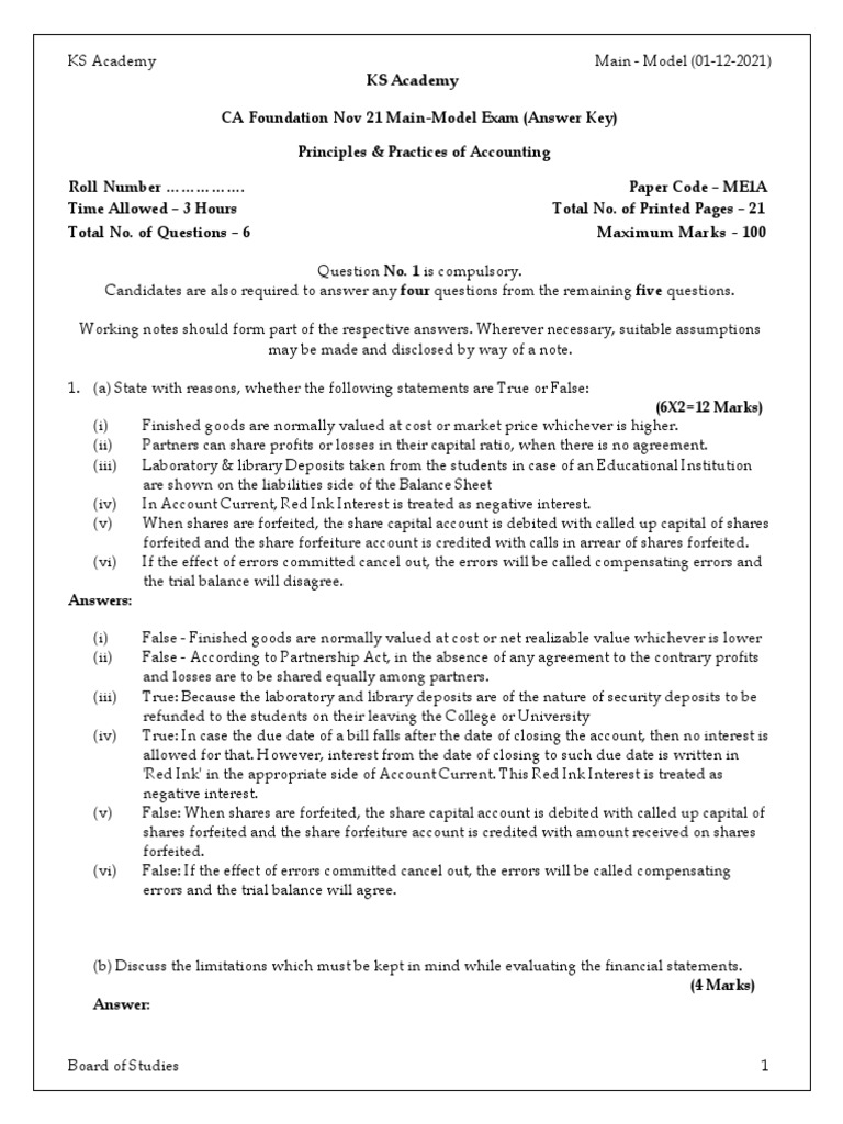 Model - ME1A - Principles - Practices of Accounting - Answer Key - (29 ...