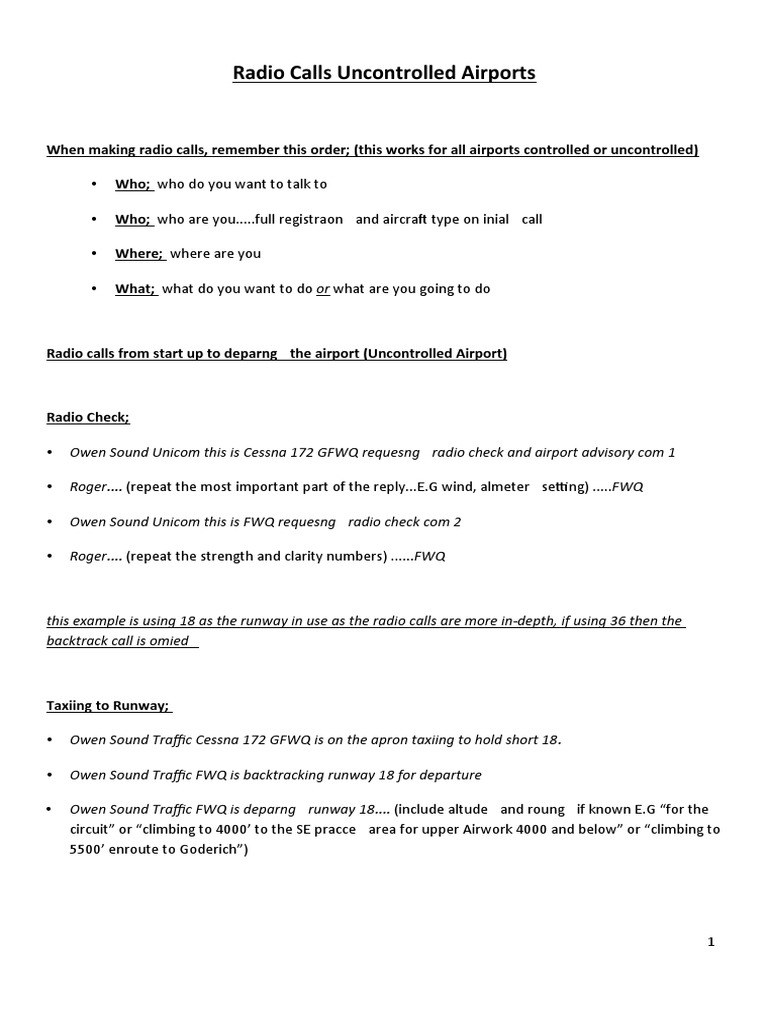 Radio Calls Uncontrolled Airports | PDF | Airport | Aerospace Engineering