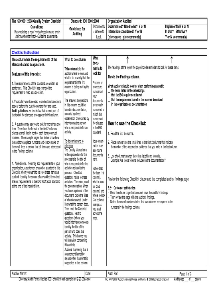 Iso 9001 Checklist Instructions Web Sample Rev 2 20 09a4 | PDF | Iso ...