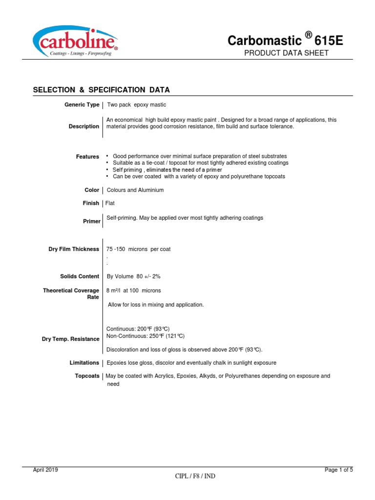 Carbomastic 615E: Selection & Specification Data | PDF | Epoxy | Shelf Life