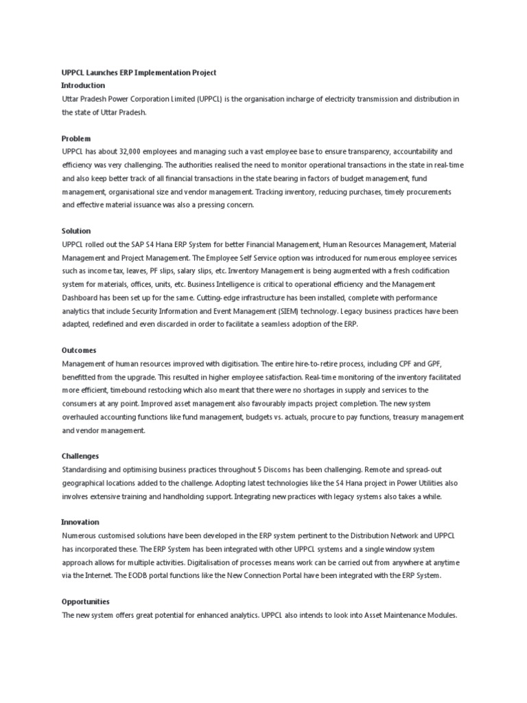 UPPCL Launches ERP Implementation Project | PDF | Enterprise Resource ...