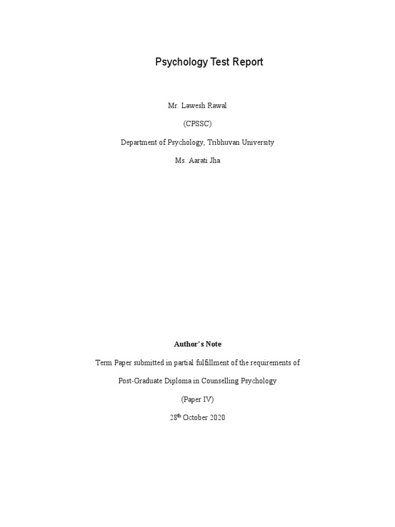 Psychology Test Report: Mr. Lawesh Rawal (CPSSC) Department of ...