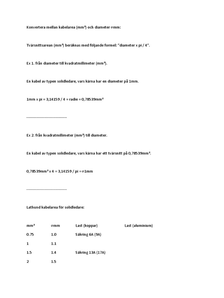 Konvertera Mellan Kabelarea Och Diameter | PDF