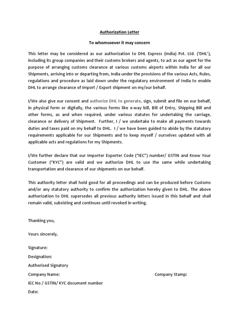 Authorization Letter DHL | PDF