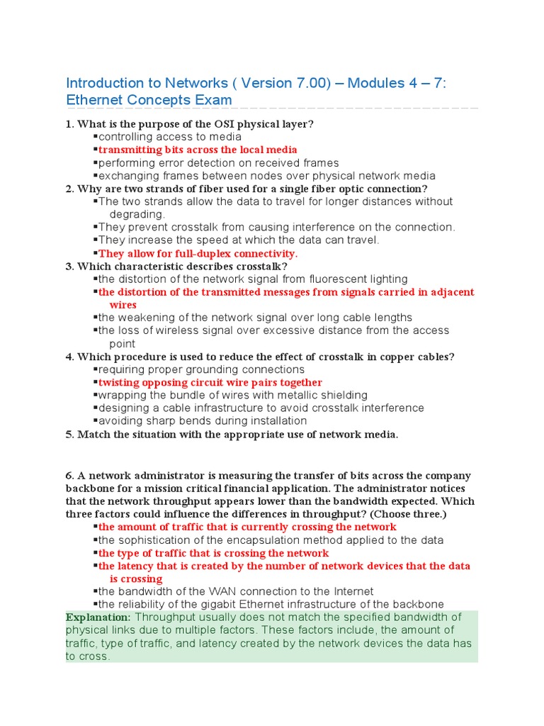 Introduction To Networks (Version 7.00) - Modules 4 - 7: Ethernet Concepts Exam | PDF | Computer ...