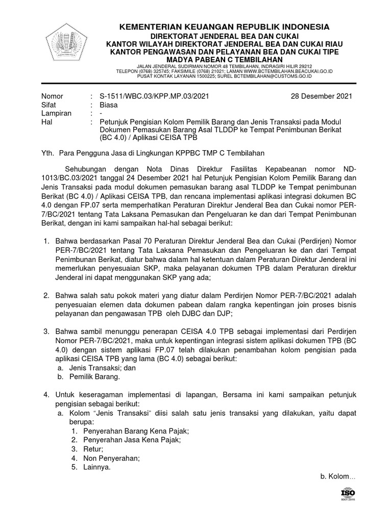 S-1511 Petunjuk Pengisian Kolom Pemilik Barang Dan Jenis Transaksi ...