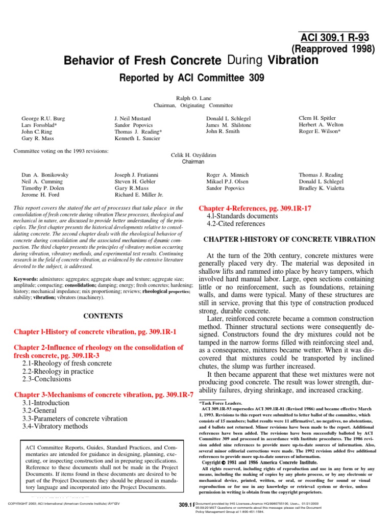 Behavior of Fresh Concrete During Vibration: ACI 309.1 R-93 (Reapproved ...