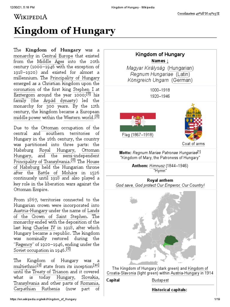 Kingdom of Hungary: Magyar Királyság (Hungarian) Regnum Hungariae ...