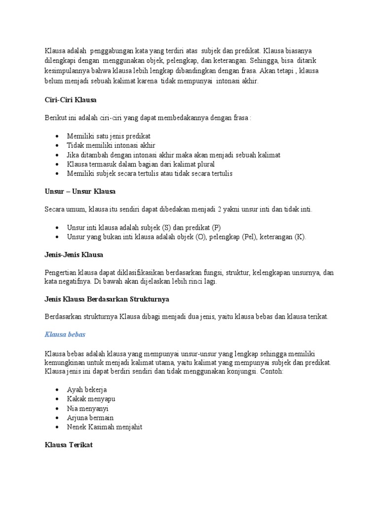 Klausa Dan Kalimat Dalam Bahasa Indonesia | PDF