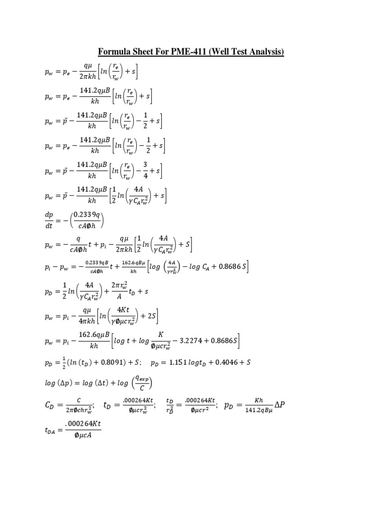 Formula Sheet For PME-411 (Well Test Analysis) | PDF | Teaching Methods ...