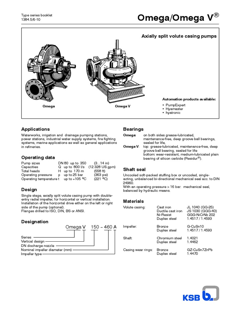 Omega/Omega V: Axially Split Volute Casing Pumps | PDF | Pump | Water