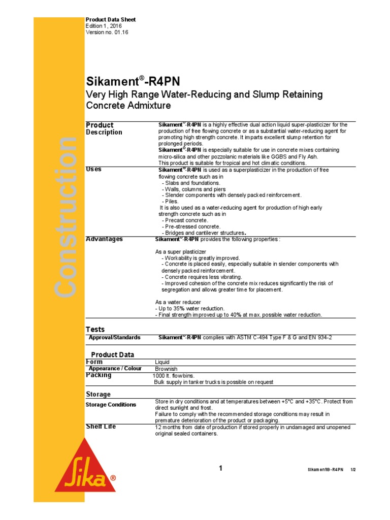 Sikament - R4PN: Very High Range Water-Reducing and Slump Retaining ...