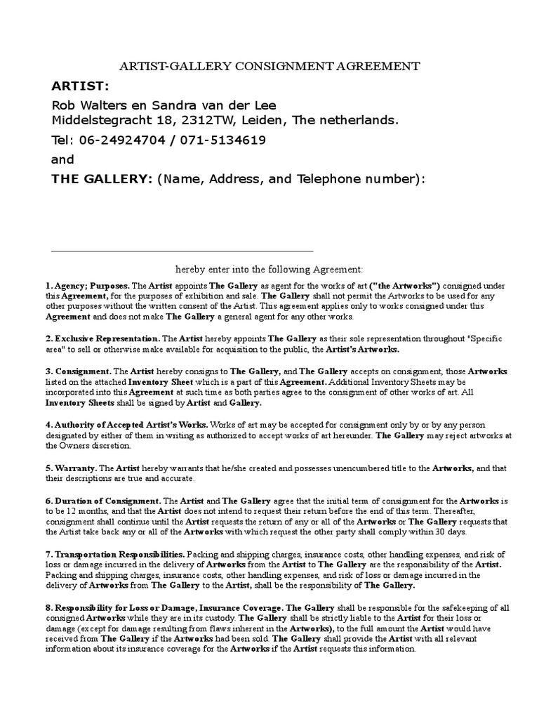 Artist-Gallery Consignment Agreement | Download Free PDF | Insurance ...