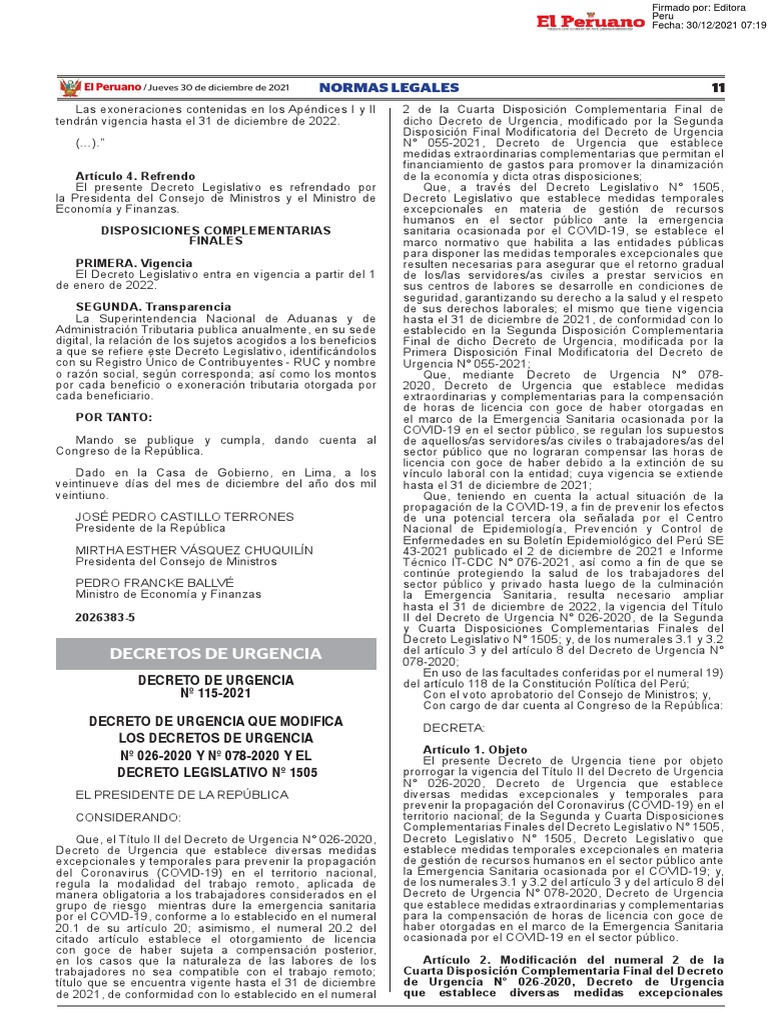 Decreto de Urgencia Que Modifica Los Decretos de Urgencia #026-2020 y #078-2020 y El Decreto ...