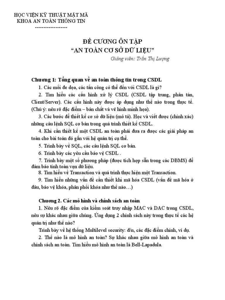 De Cuong On Tap - ATCSDL - AT15 | PDF