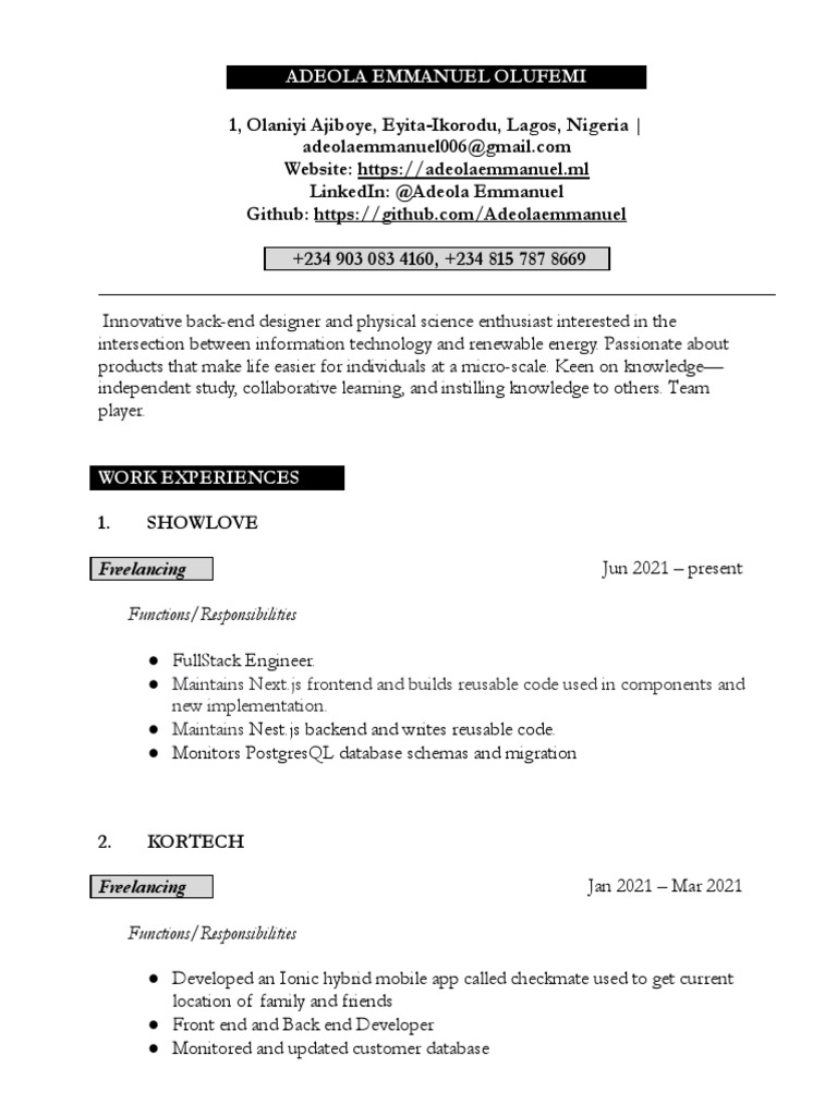 Adeola Emmanuel CV | PDF | Mobile App | Databases