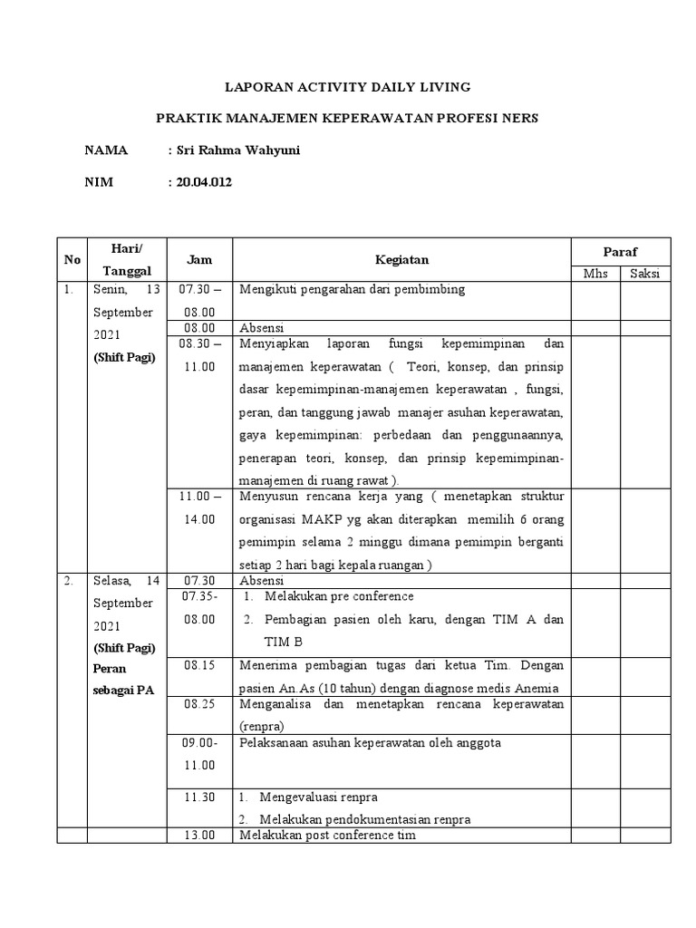 LAPORAN ACTIVITY DAILY LIVING Logbook | PDF