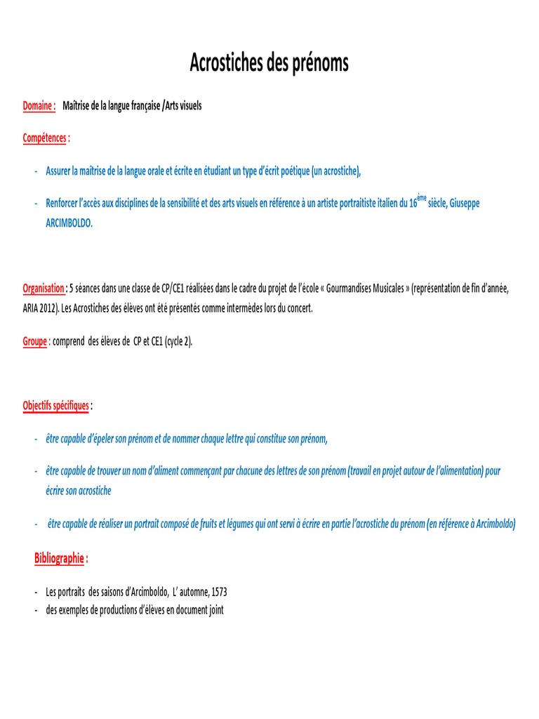 Acrostiches des Prénoms en Classe | PDF | Nourritures | Cuisine
