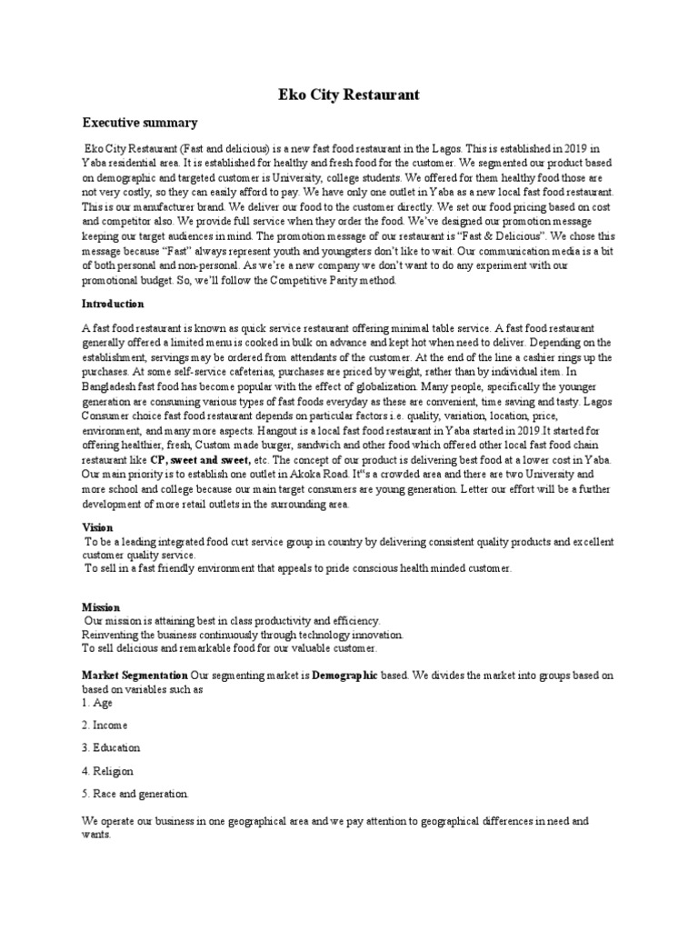 Eko City Restaurant: Executive Summary | PDF | Fast Food Restaurants ...