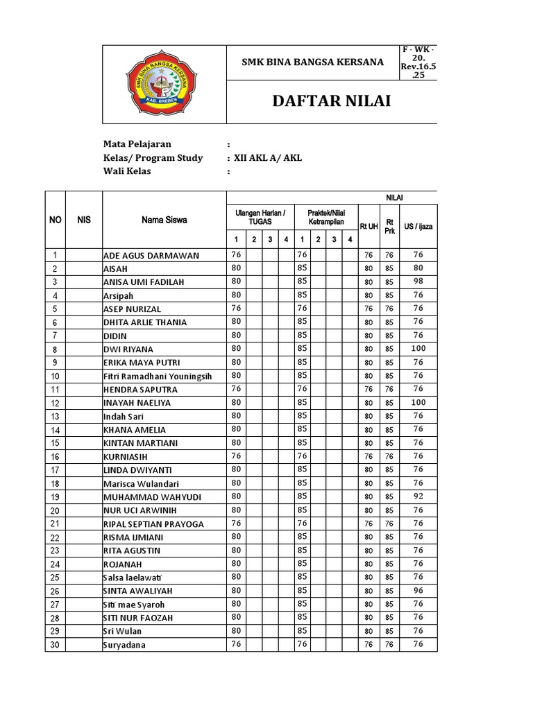 Bahasa Indonesia Nilai Us Dan Raport Kelas Xii 2020 2021 | PDF