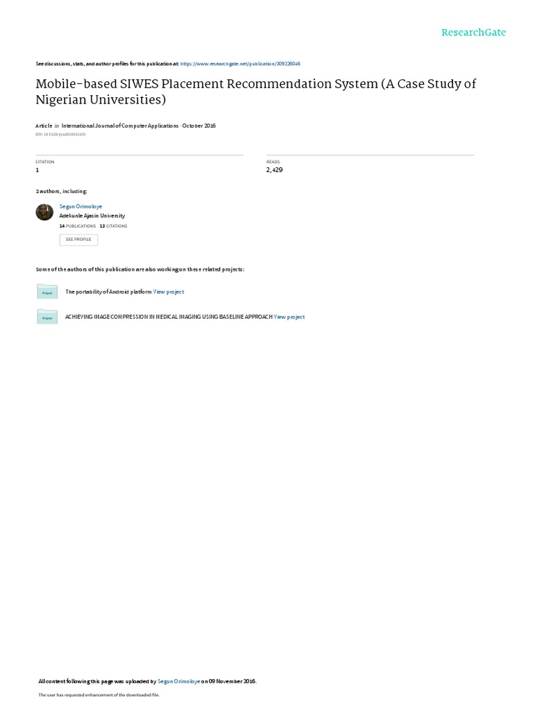 Mobile-Based SIWES Placement Recommendation System (A Case Study of ...