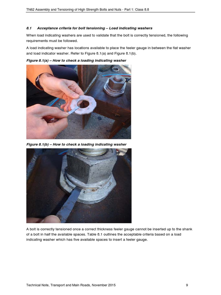 8.1 Acceptance Criteria For Bolt Tensioning - Load Indicating Washers ...